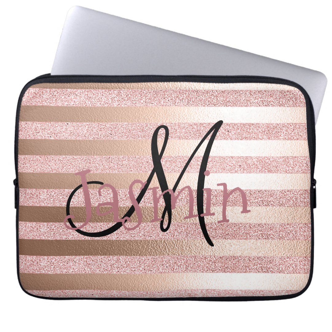 Rose Gold Faux Glitter& Rose Gold Foil Stripes Laptop Sleeve | Zazzle