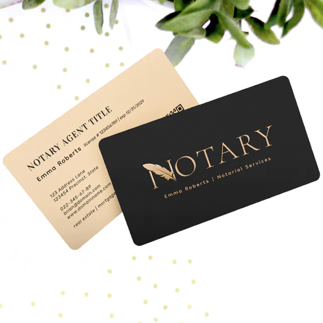 Rose Gold Feather Pen Logo N Notary QR Code Business Card | Zazzle