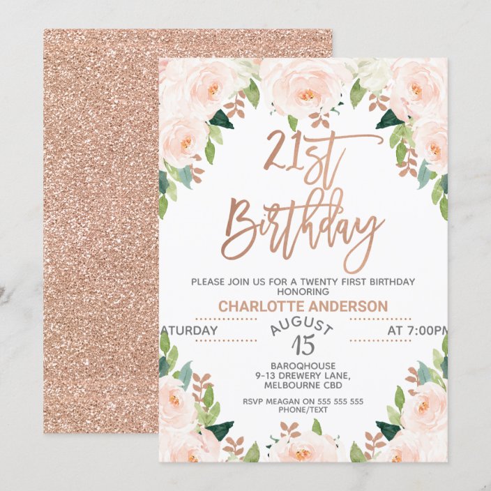 Rose Gold Floral 21st Birthday Invitation | Zazzle.com