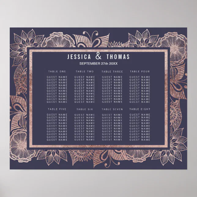 Rose Gold Floral and Navy Blue Seating Chart | Zazzle