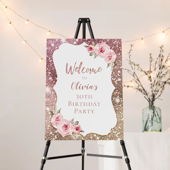 Rose gold floral any age birthday welcome sign | Zazzle
