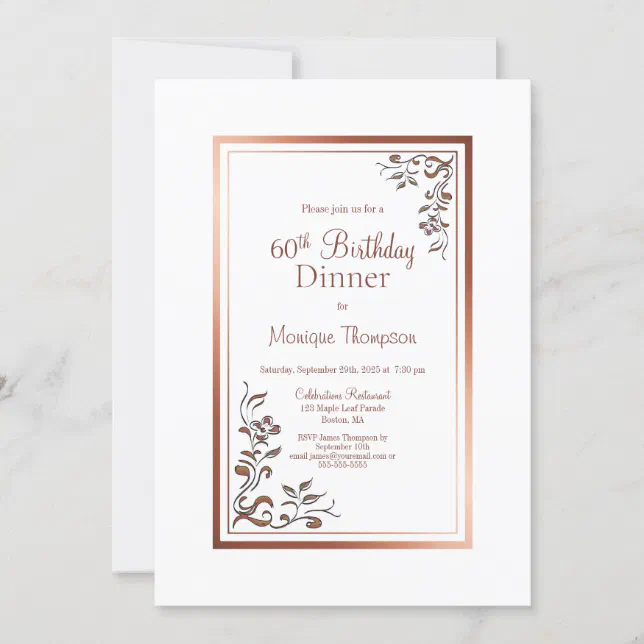 Rose Gold Floral Border 60th Birthday Dinner Party Invitation | Zazzle
