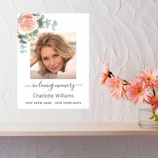 Rose gold floral photo memorial funeral poster | Zazzle