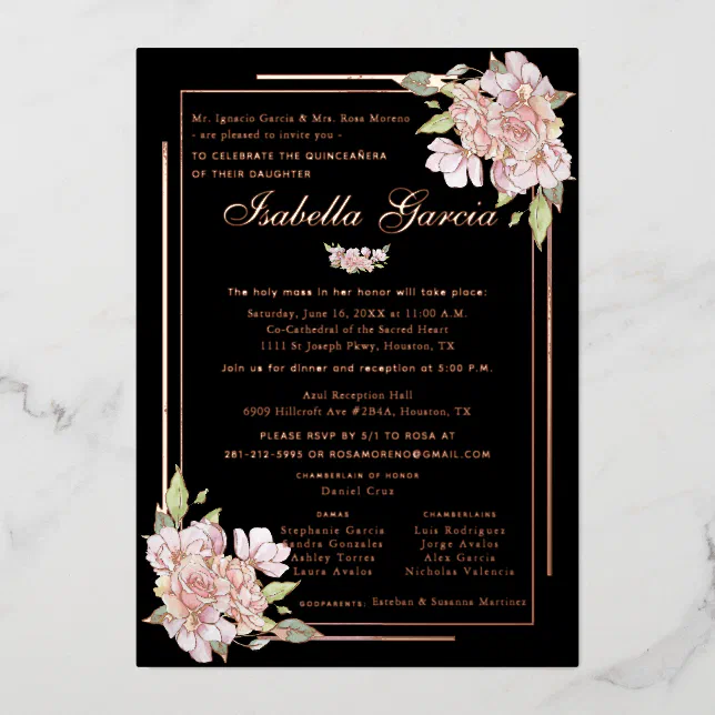 Rose Gold Floral Quinceañera Birthday Invitation Foil Invitation | Zazzle
