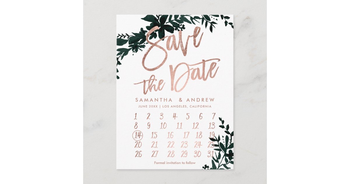 Rose gold floral white calendar save the date announcement postcard ...