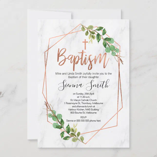 Rose gold foil and marble baptism invitation | Zazzle