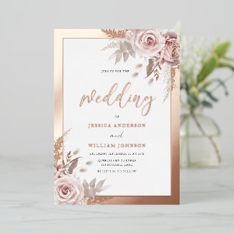 Rose Gold Foil Border Blush Dusty Rose Wedding Foil Invitation | Zazzle