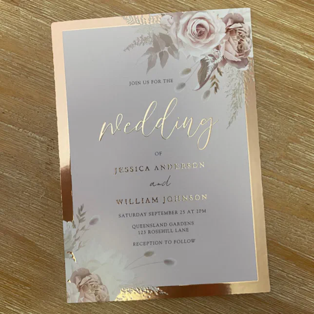 Rose Gold Foil Border Blush Floral Wedding Foil Invitation | Zazzle
