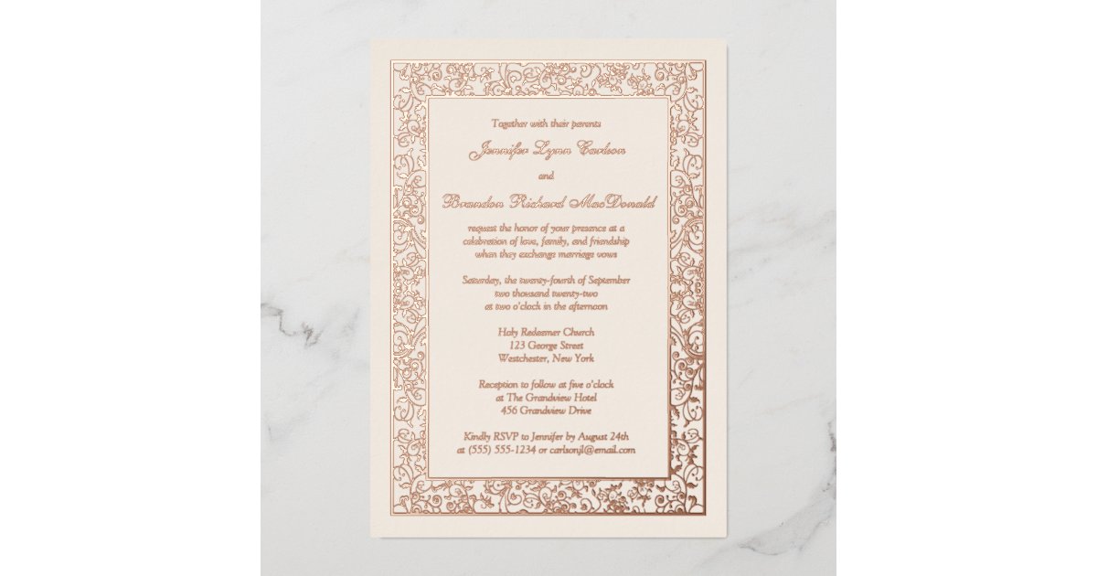 Rose Gold Foil Floral Filigree Wedding Invite | Zazzle
