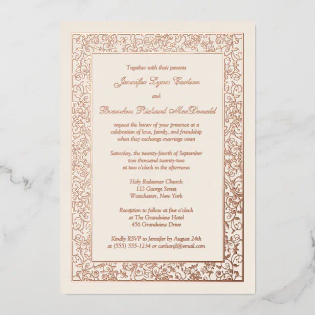 Rose Gold Foil Floral Filigree Wedding Invite | Zazzle