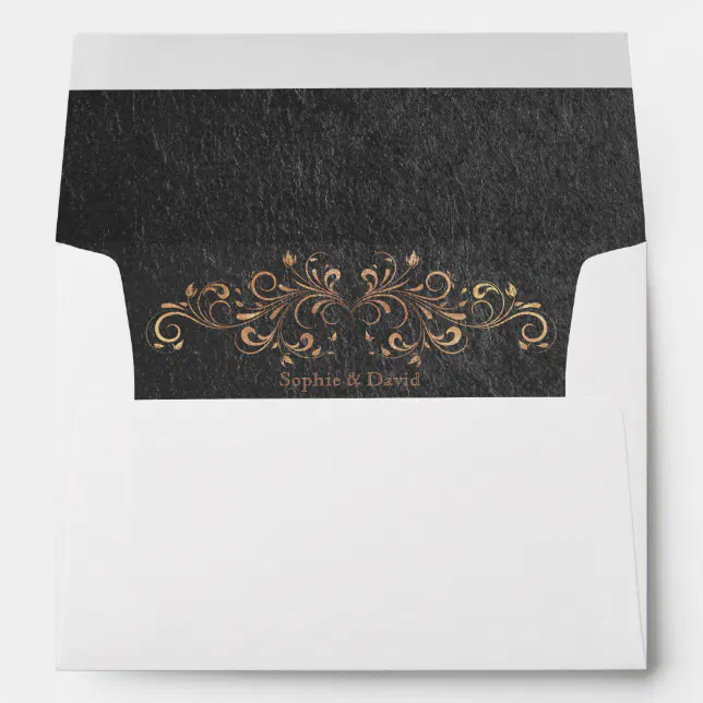 Rose Gold Foil Flourish Black Wedding Envelope | Zazzle
