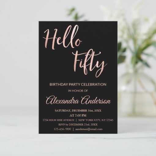 Rose Gold Foil Hello 50 Fiftieth Birthday Party Invitation | Zazzle