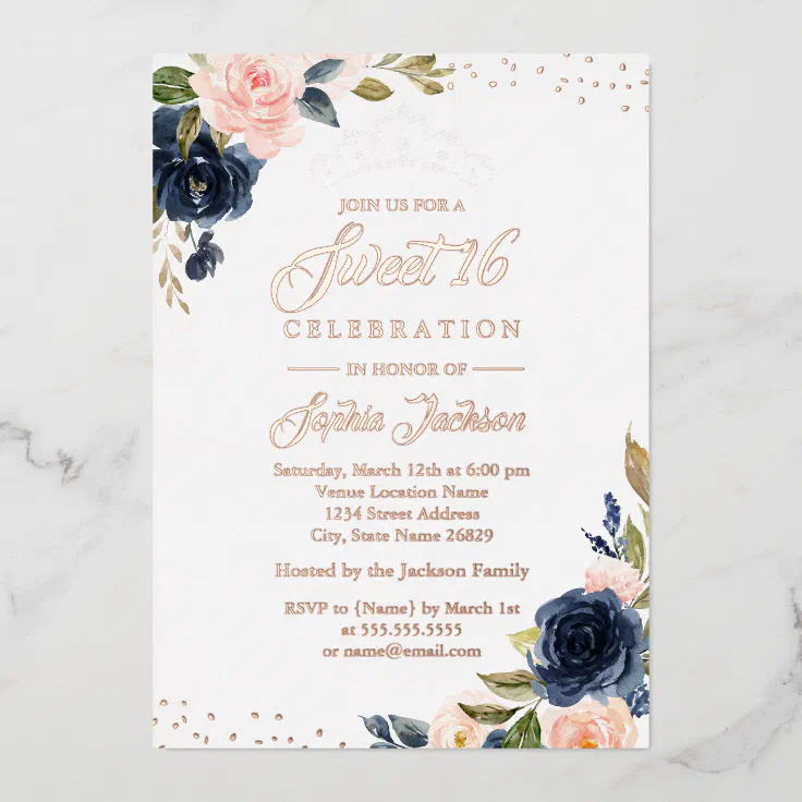 ROSE GOLD FOIL Navy Blush Floral Tiara Sweet 16 Foil Invitation | Zazzle