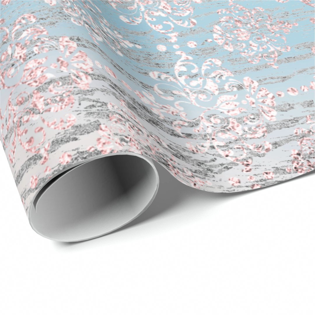 Rose Gold Foxier Damask Wood Pink Blue Gray Wrapping Paper | Zazzle
