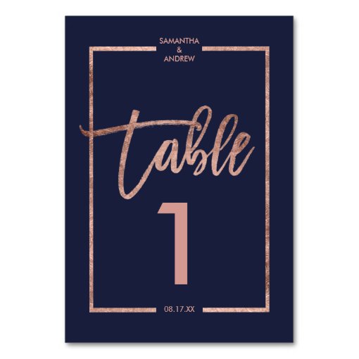 Rose gold frame script navy blue table number | Zazzle