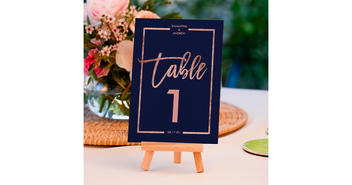 Rose gold frame script navy blue table number | Zazzle