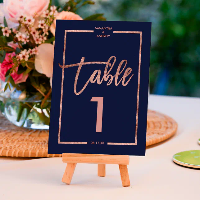 Rose gold frame script navy blue table number | Zazzle
