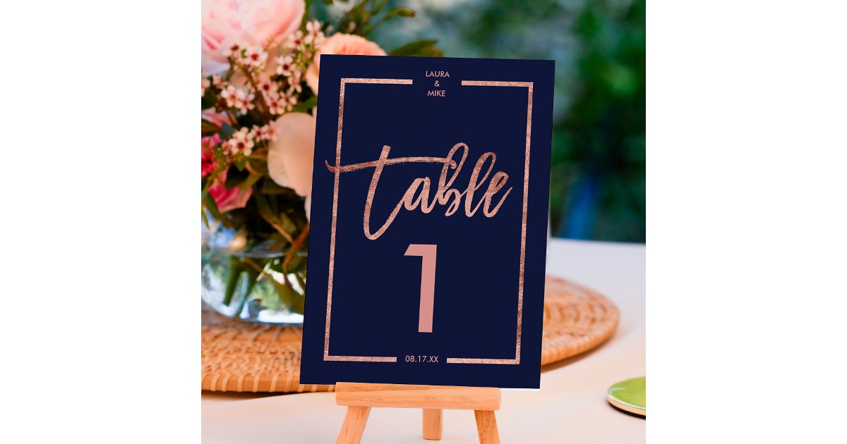 Rose gold frame script navy blue table number | Zazzle