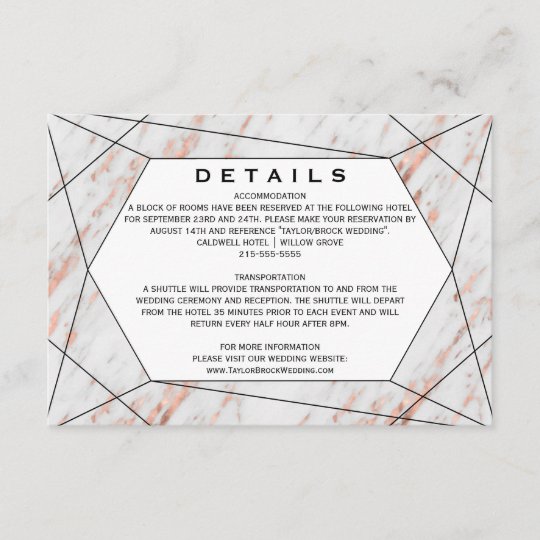 Rose Gold Geometric Marble Wedding Details Card | Zazzle.com