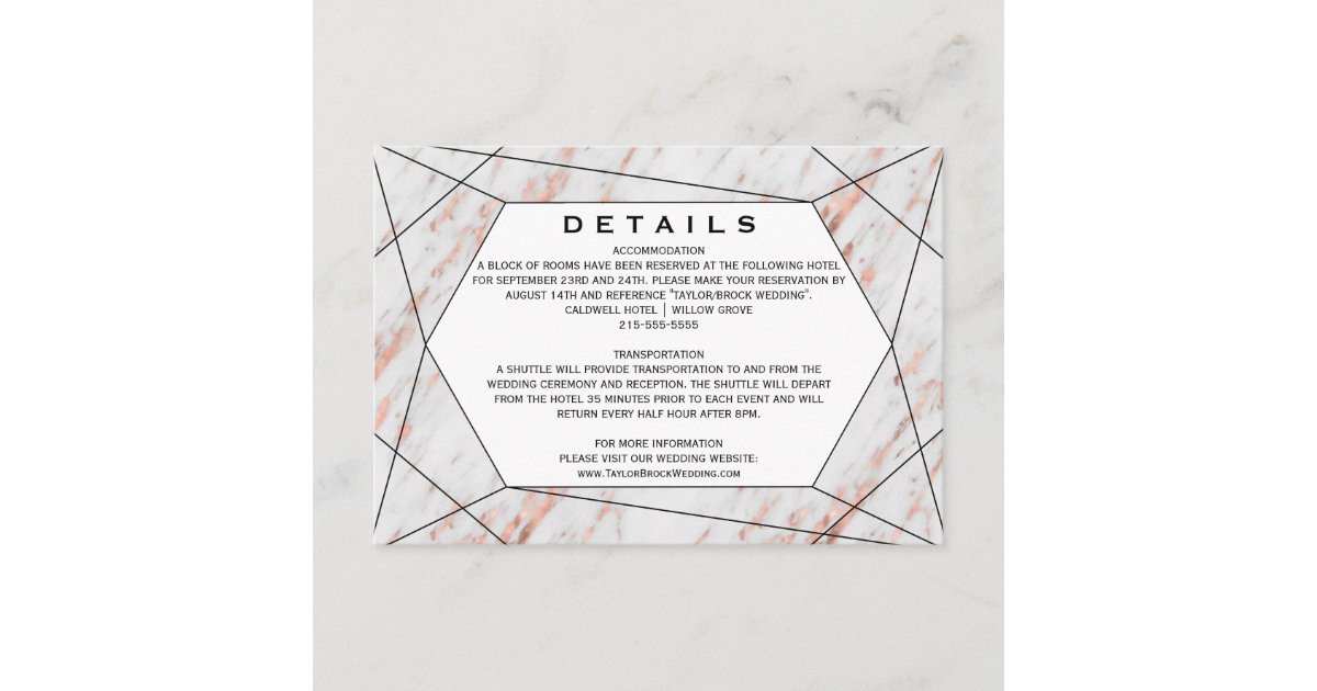 Rose Gold Geometric Marble Wedding Details Card | Zazzle