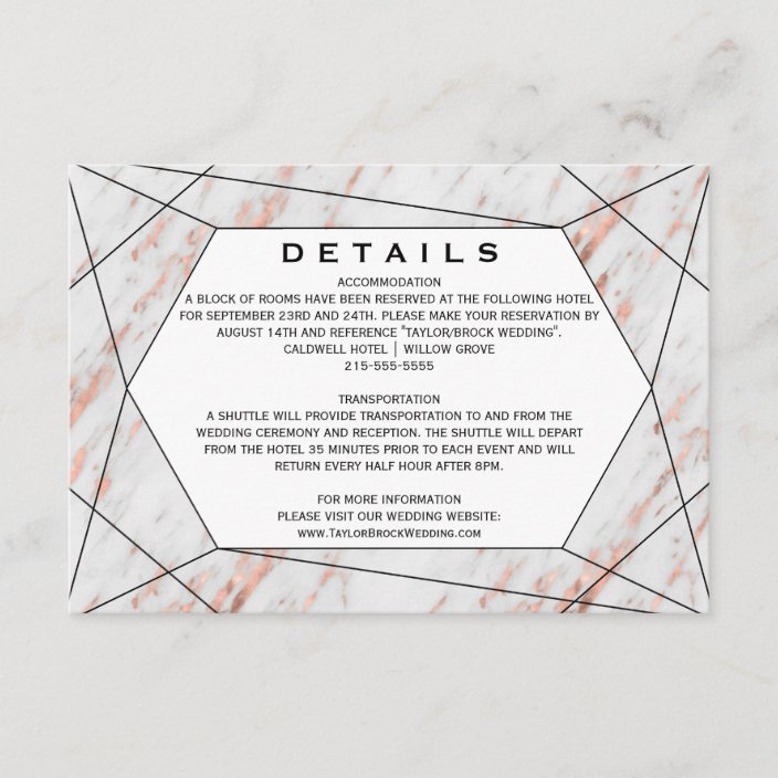 Rose Gold Geometric Marble Wedding Details Card | Zazzle.com