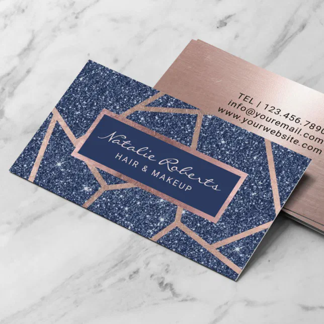 Rose Gold Geometric Navy Blue Glitter Beauty Salon Business Card | Zazzle