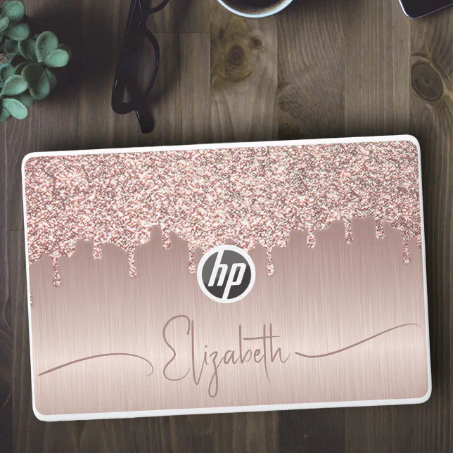 Rose Gold Girly Glam Brushed Metal Glitter Drips HP Laptop Skin | Zazzle