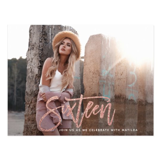 Rose gold girly glitter photo sweet 16 birthday postcard | Zazzle.com