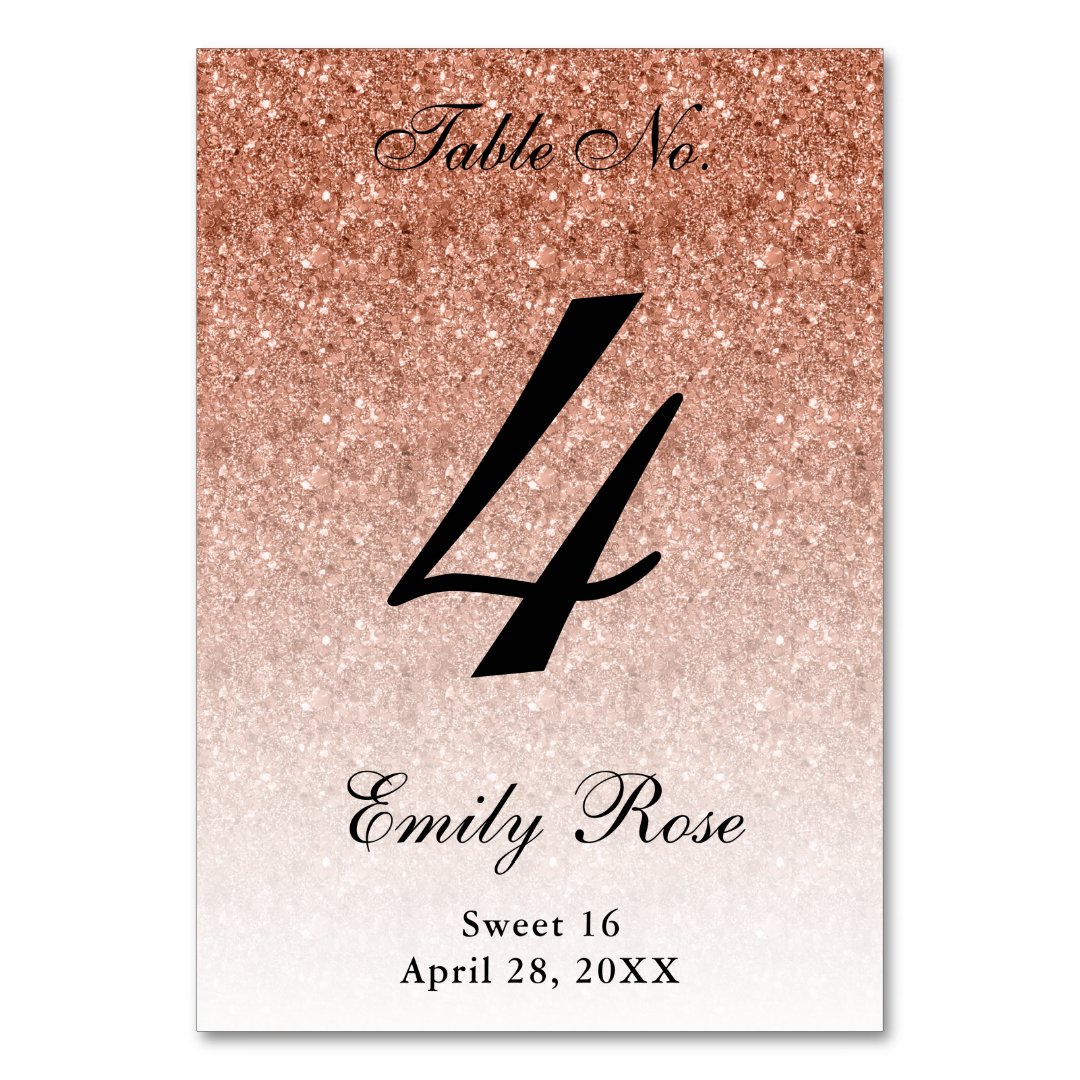 Rose Gold Glam Glitter Table Number Card | Zazzle