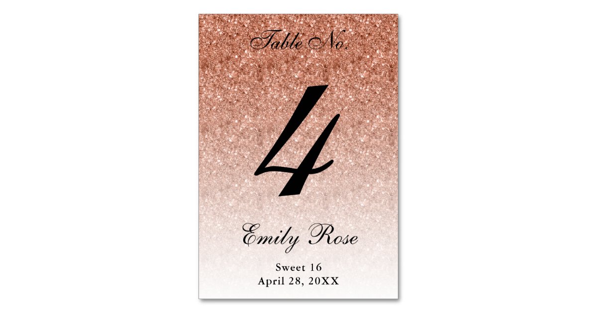 Rose Gold Glam Glitter Table Number Card | Zazzle