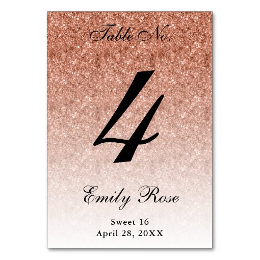 Rose Gold Glam Glitter Table Number Card | Zazzle