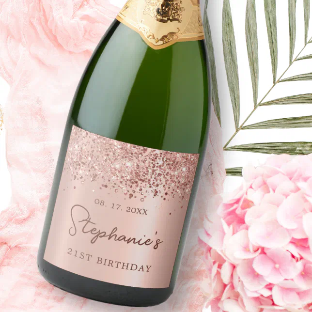 Rose Gold Glitter 21st Birthday Monogram Script Sparkling Wine Label ...