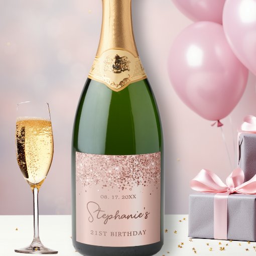 Rose Gold Glitter 21st Birthday Monogram Script Sparkling Wine Label ...