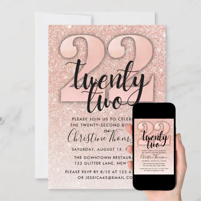 Rose Gold Glitter 22nd Birthday Invitation | Zazzle