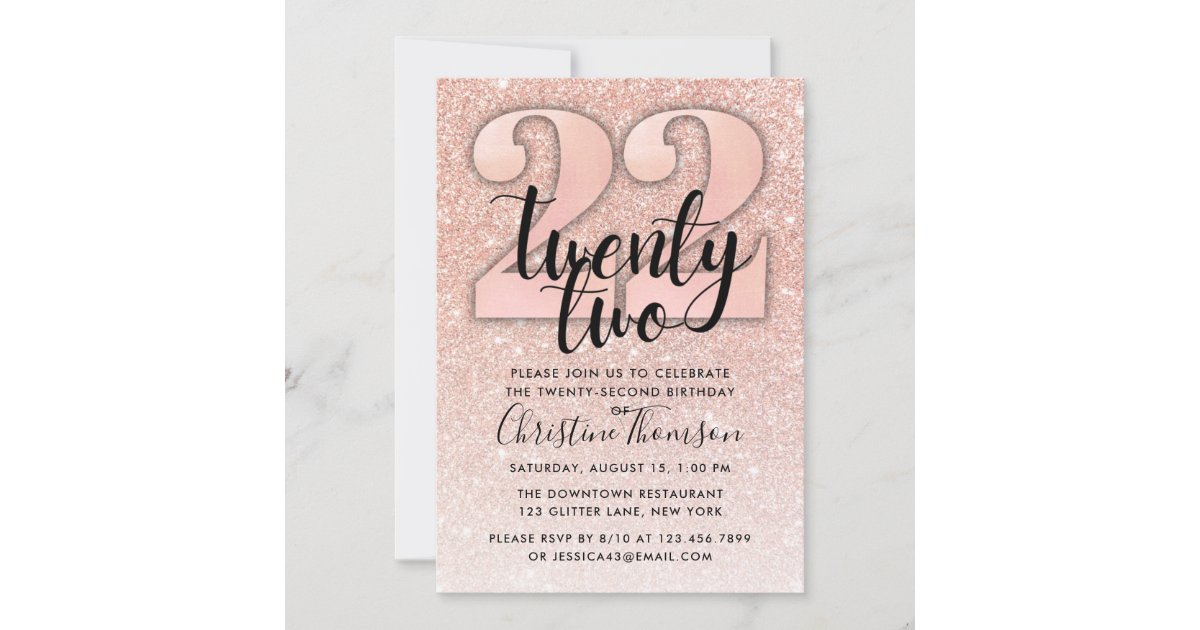 Rose Gold Glitter 22nd Birthday Invitation | Zazzle