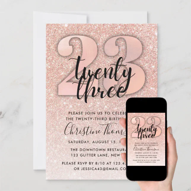 Rose Gold Glitter 23rd Birthday Invitation | Zazzle