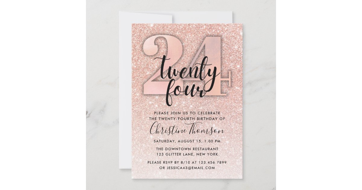 Rose Gold Glitter 24th Birthday Invitation | Zazzle