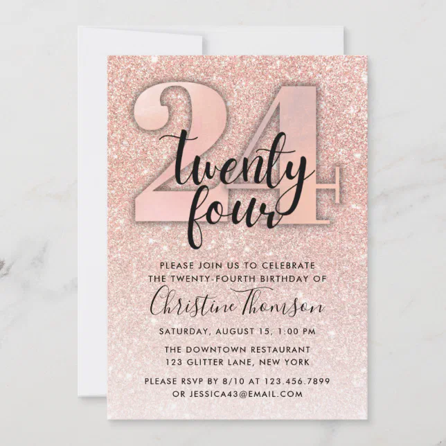 Rose Gold Glitter 24th Birthday Invitation | Zazzle