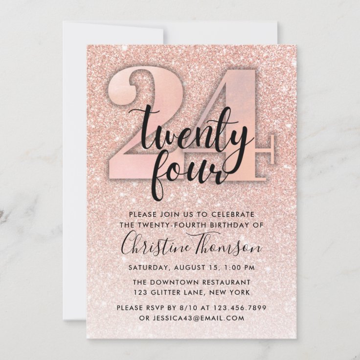 Rose Gold Glitter 24th Birthday Invitation | Zazzle