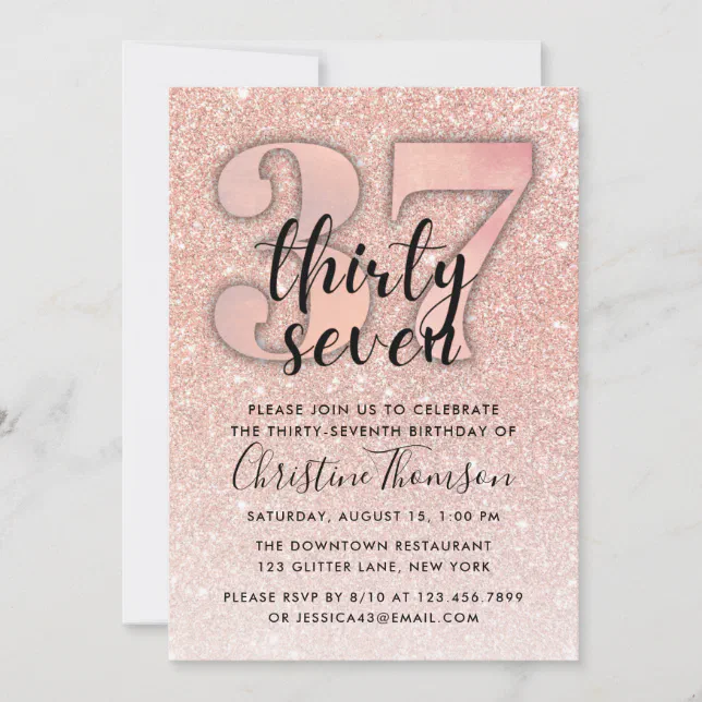 Rose Gold Glitter 37th Birthday Invitation | Zazzle