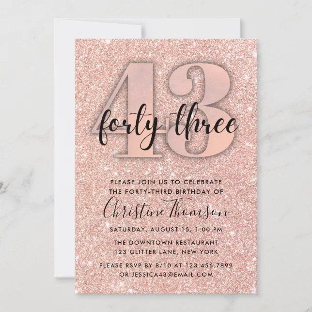 Rose Gold Glitter 43rd Birthday Invitation | Zazzle