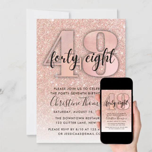 Rose Gold Glitter 48th Birthday Invitation | Zazzle