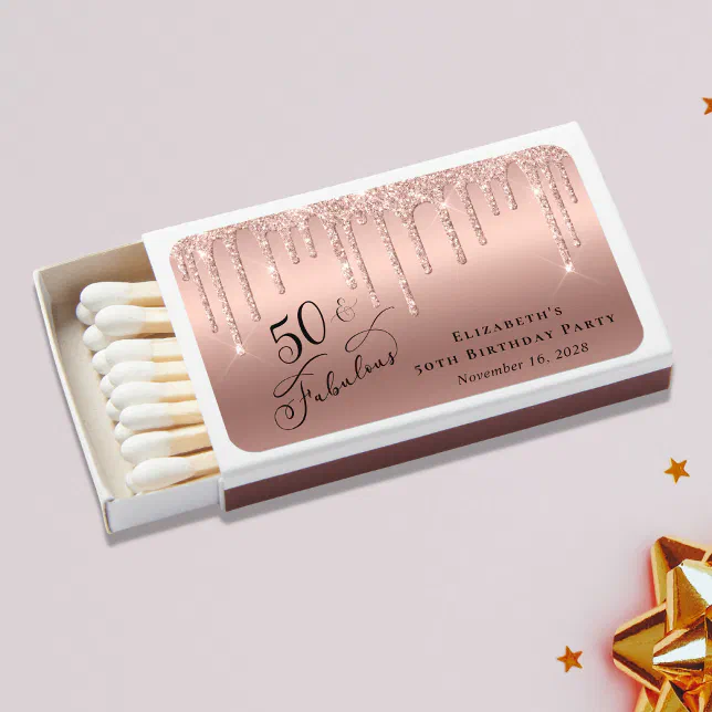 Rose Gold Glitter 50th Birthday Party Favor Matchboxes | Zazzle