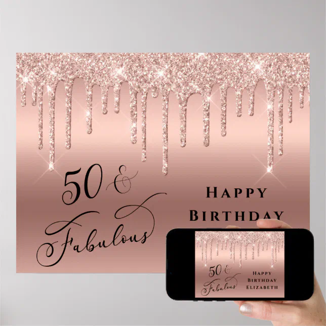 Rose Gold Glitter 50th Birthday Party Poster | Zazzle