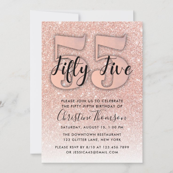 Rose Gold Glitter 55th Birthday Invitation | Zazzle