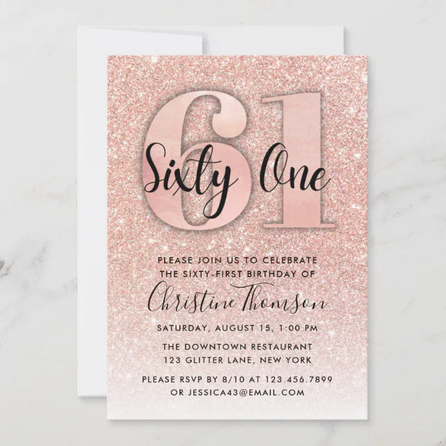 Rose Gold Glitter 61st Birthday Invitation | Zazzle