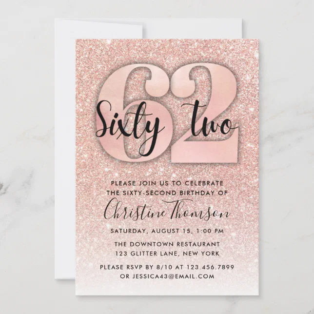 Rose Gold Glitter 62nd Birthday Invitation | Zazzle