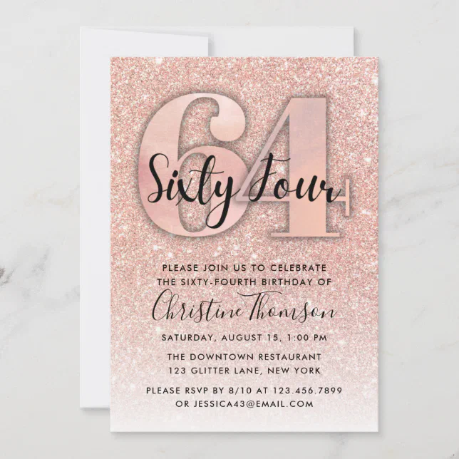 Rose Gold Glitter 64th Birthday Invitation | Zazzle