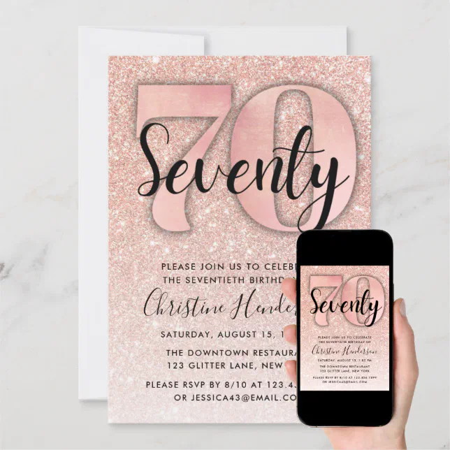 Rose Gold Glitter 70th Birthday Invitation Zazzle