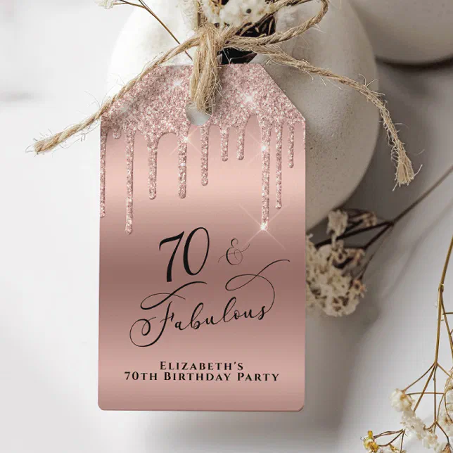 Rose Gold Glitter 70th Birthday Party Thank You Gift Tags | Zazzle
